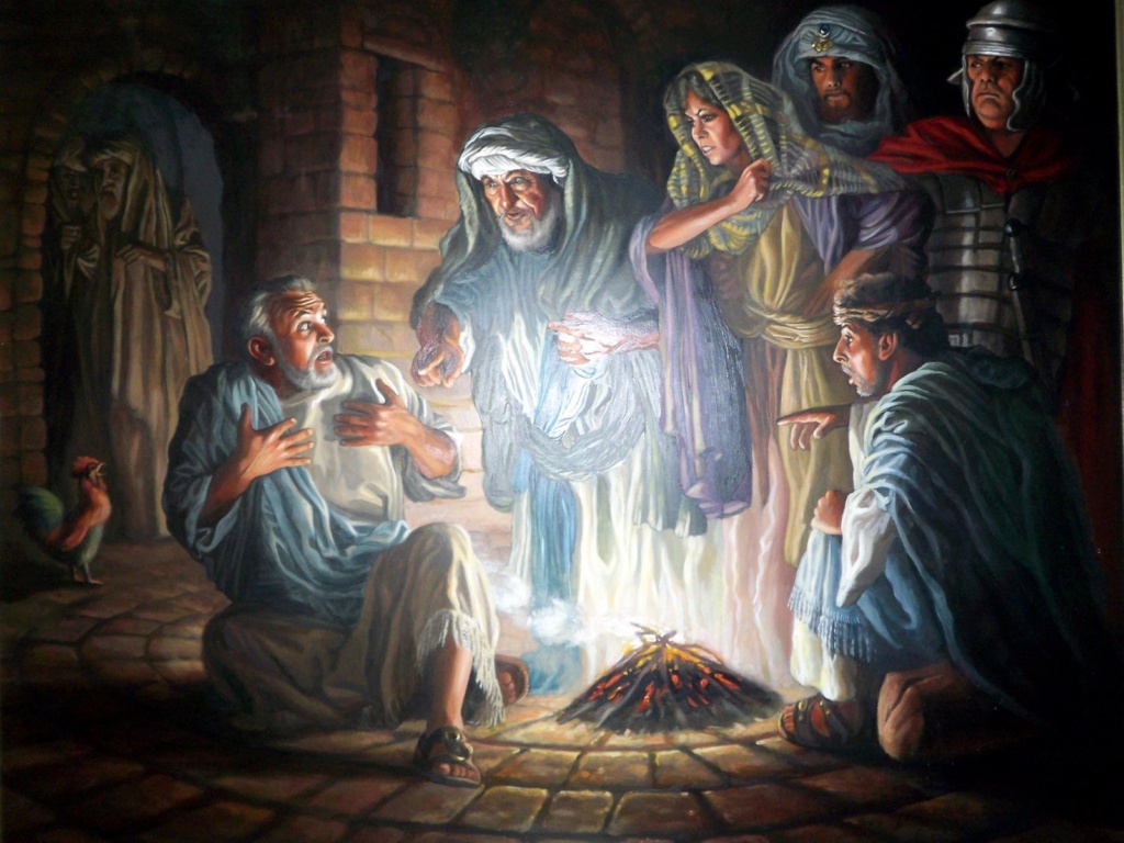 Fulfilling Jesus’ prophecy, Peter denies Jesus three times (Matthew 26: ...